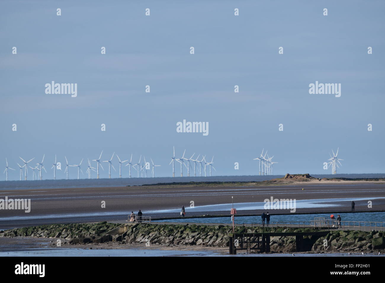 Wind turbines in Liverpool Bay with 'Little Eye' island in the middle ...