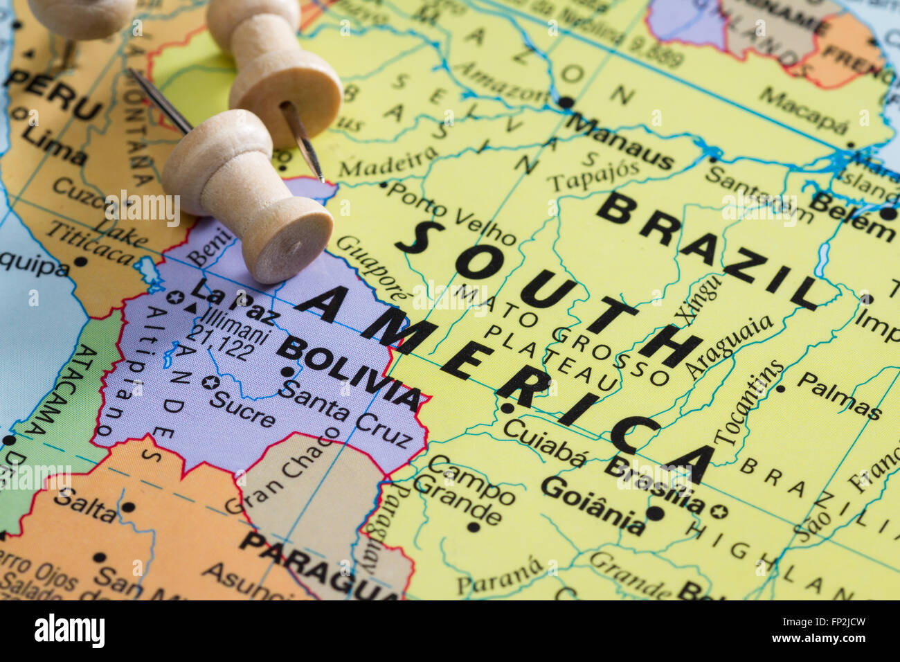 push pin on a world map marking Brazil as a destination concept Stock ...