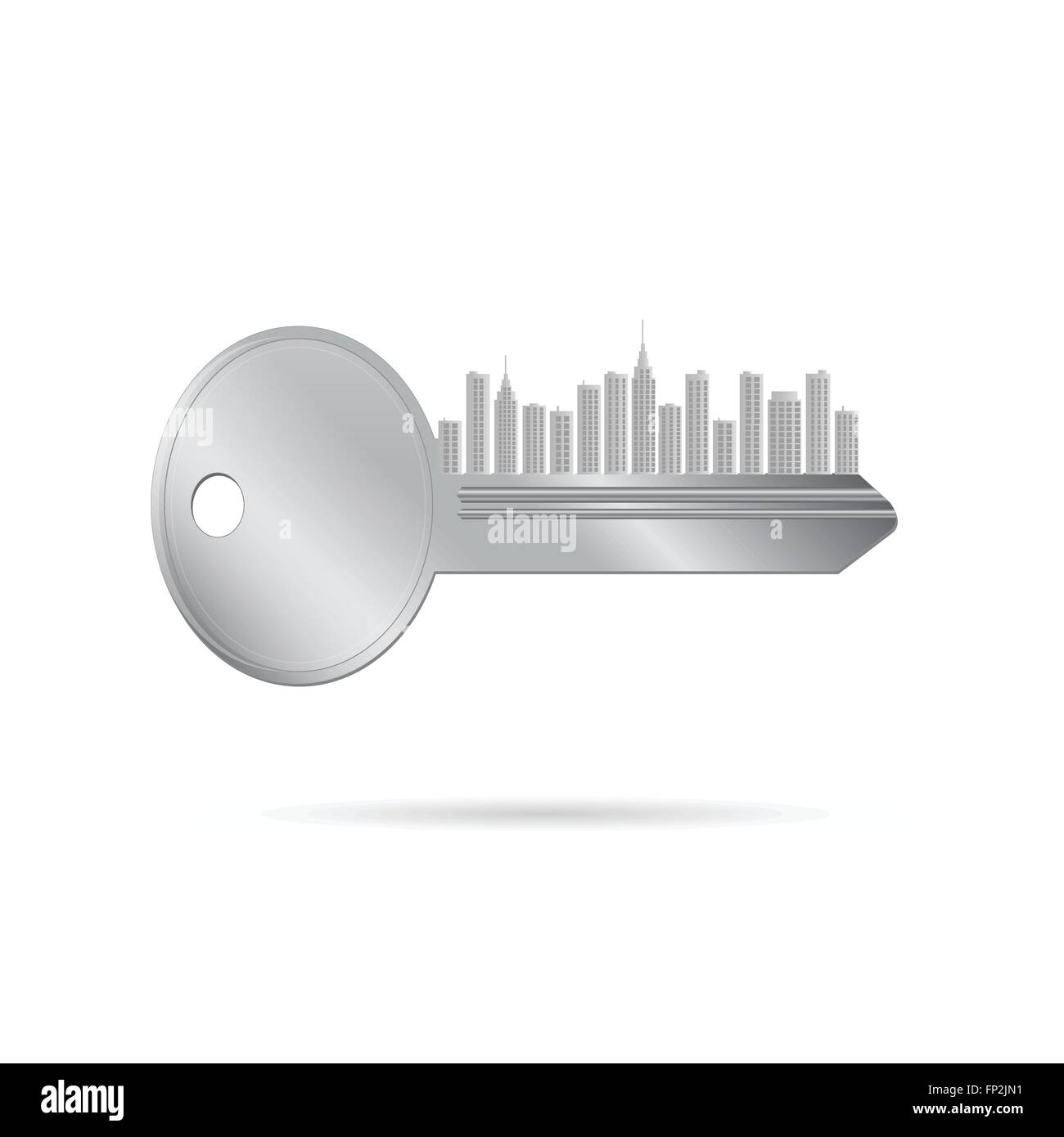 Abstract illustration of a key with buildings isolated on a white ...
