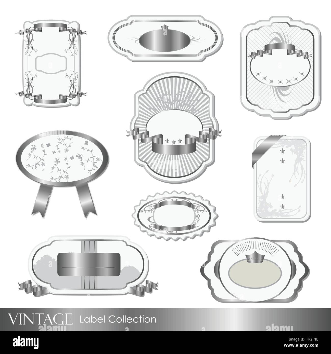 Illustration of various silver and white vintage labels isolated on a ...