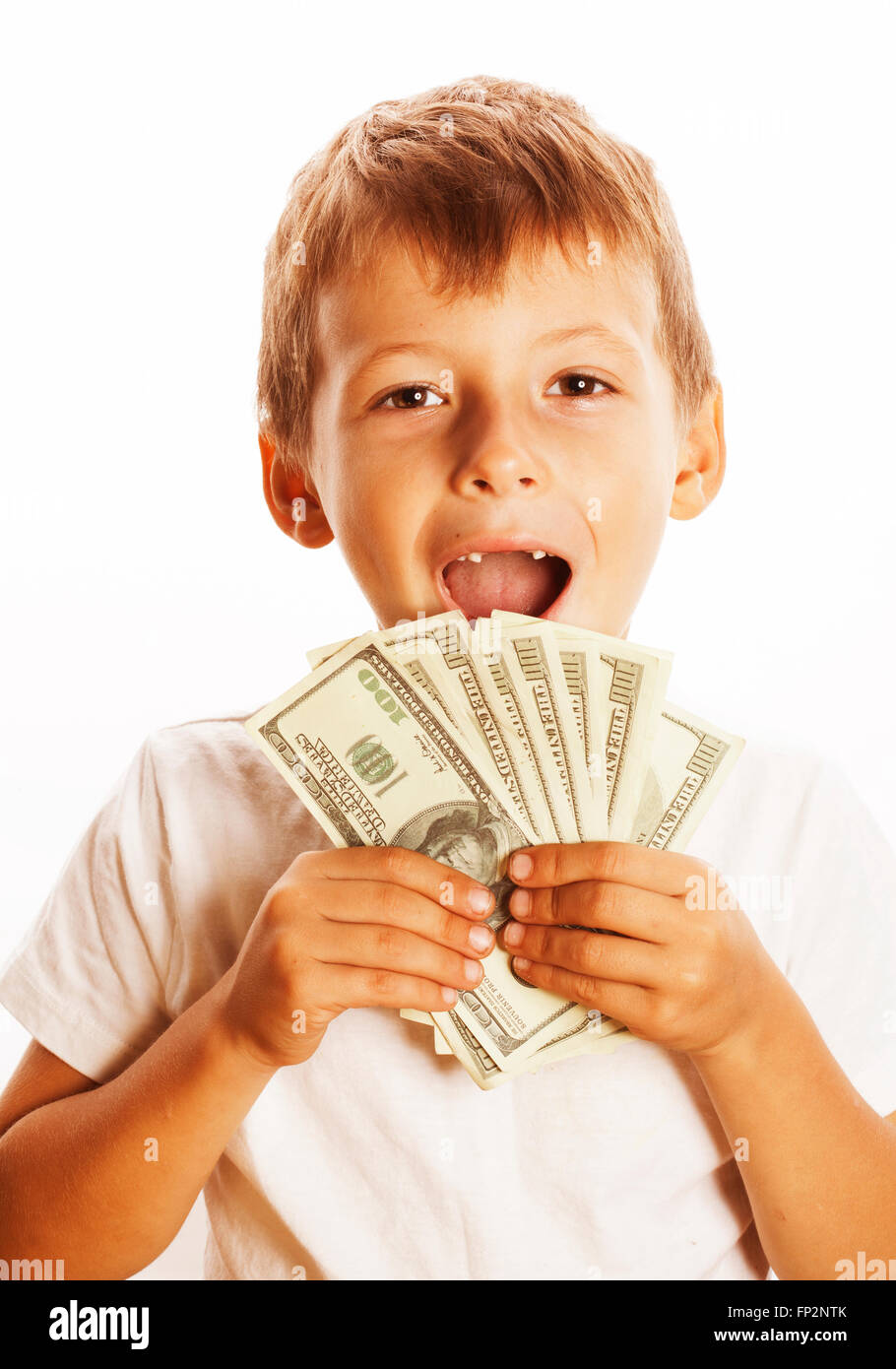 young cute boy holding lot of cash, american dollars isolated Stock ...