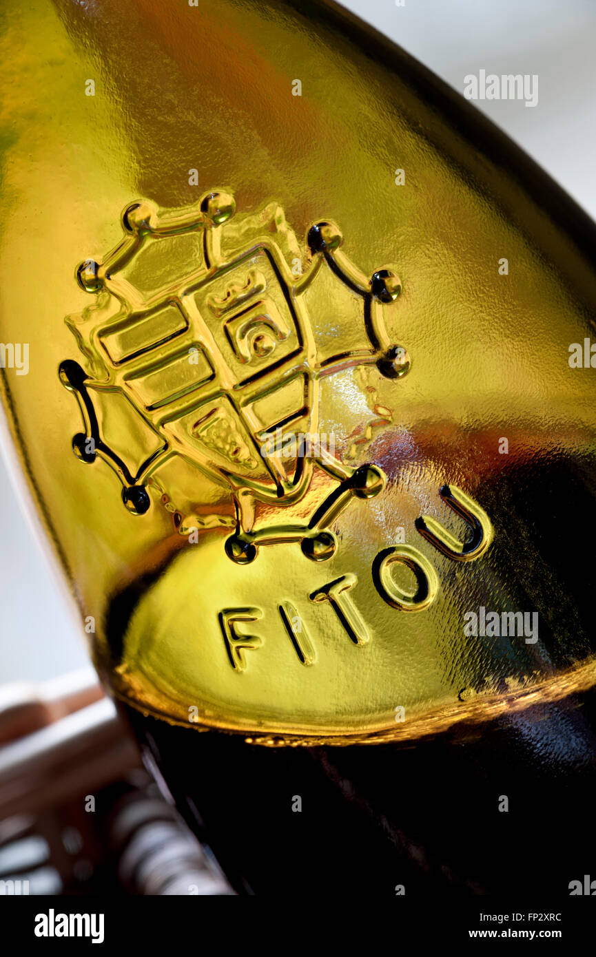 FITOU LANGUEDOC WINE BOTTLE Close up on Fitou red wine bottle embossed ...