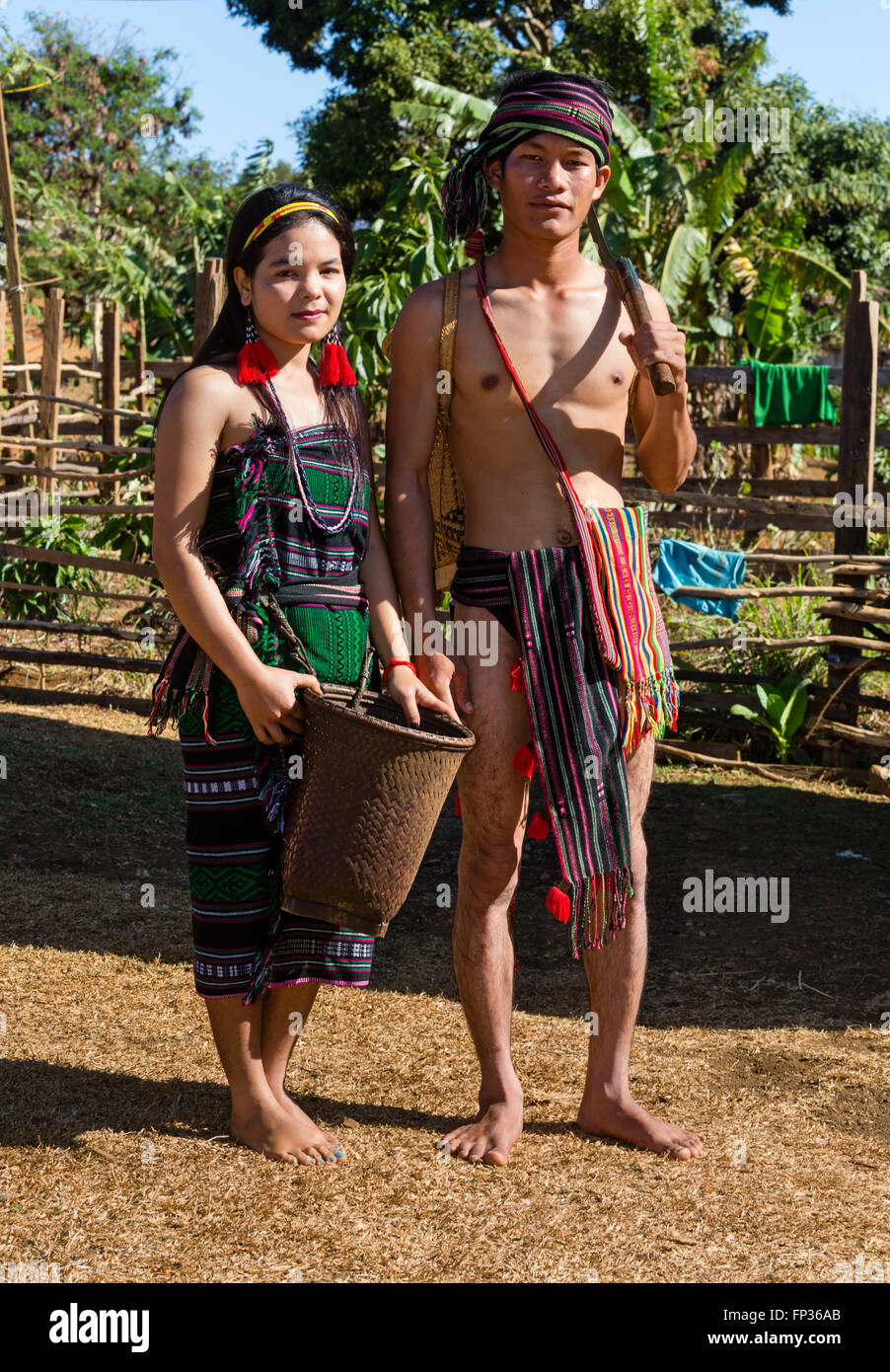 Phnong woman and man in traditional costume, ethnic minority, Pnong ...