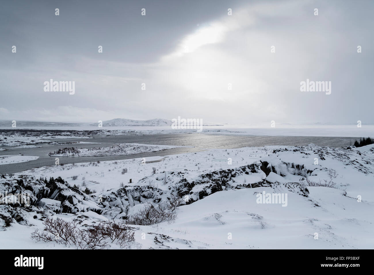 A view across the Mid-Atlantic ridge at Thingvellir in Iceland on a ...
