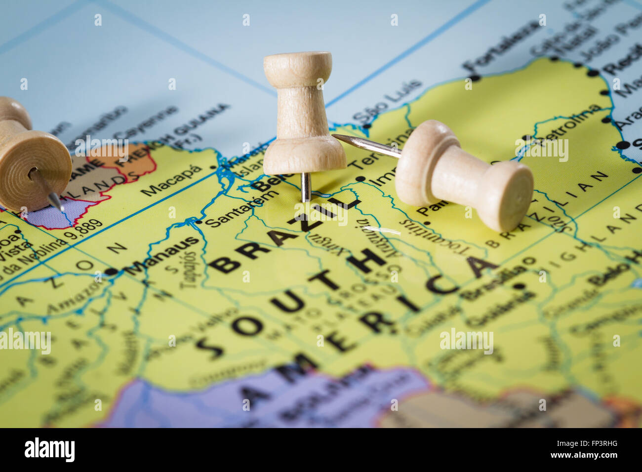push pin on a world map marking Brazil as a destination concept Stock ...
