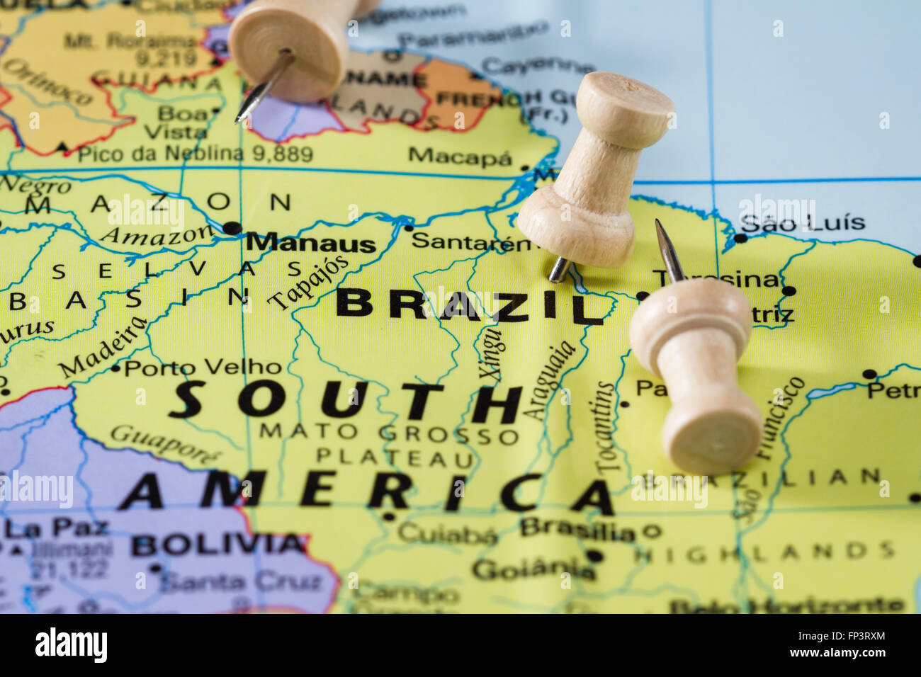 push pin on a world map marking Brazil as a destination concept Stock ...