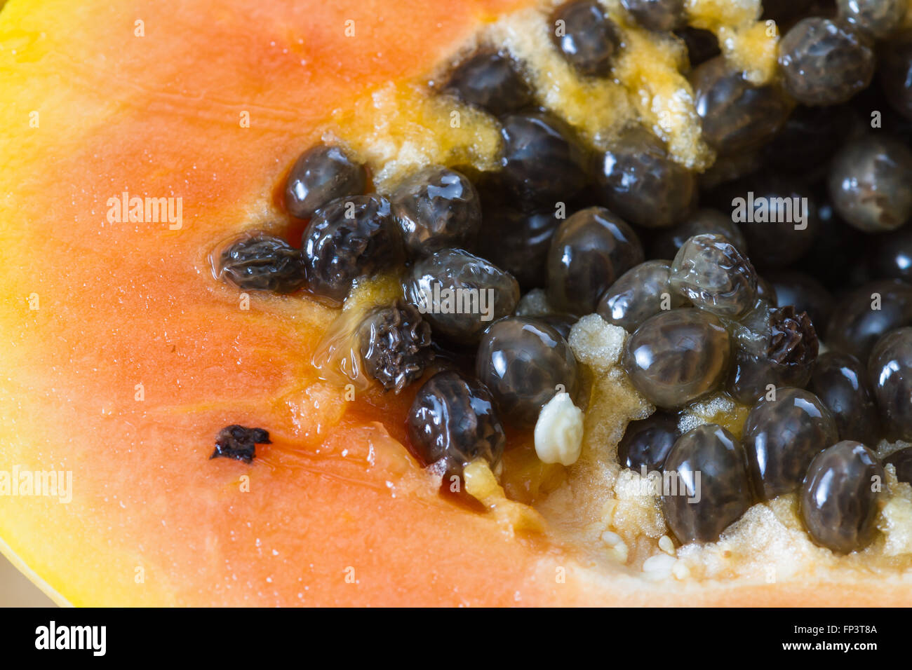 close up of a papaya cut in half revealing the meat and a pile of dark ...