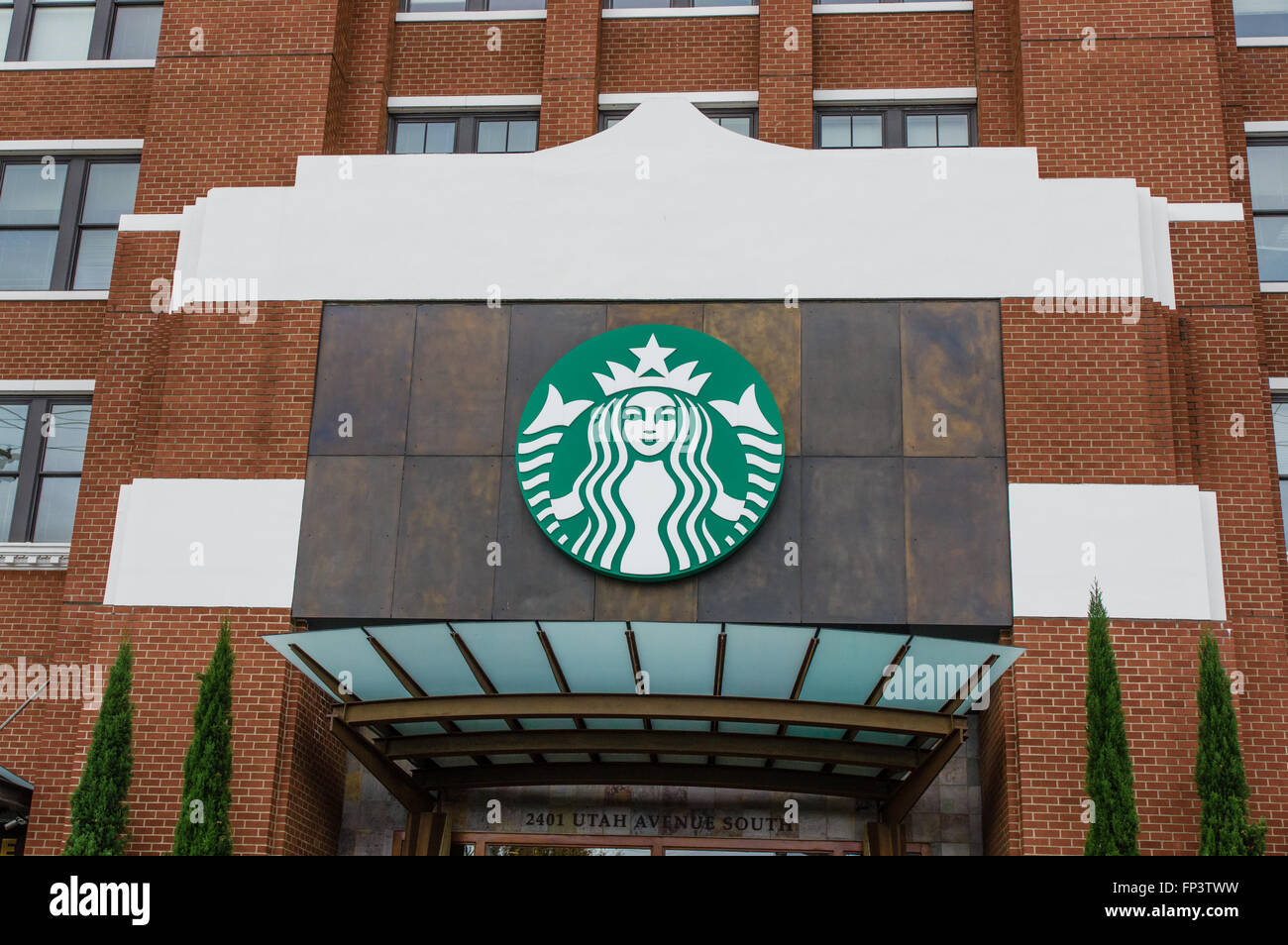 Logo above the entrance to the Starbucks Corporation headquarters ...