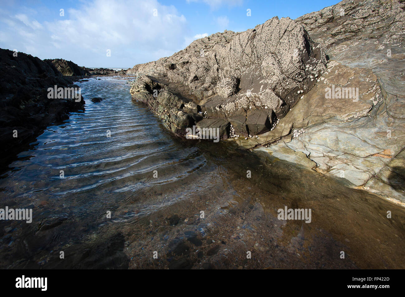 Rock pools on the beach at Croyde, North Devon coastline, UK Stock ...
