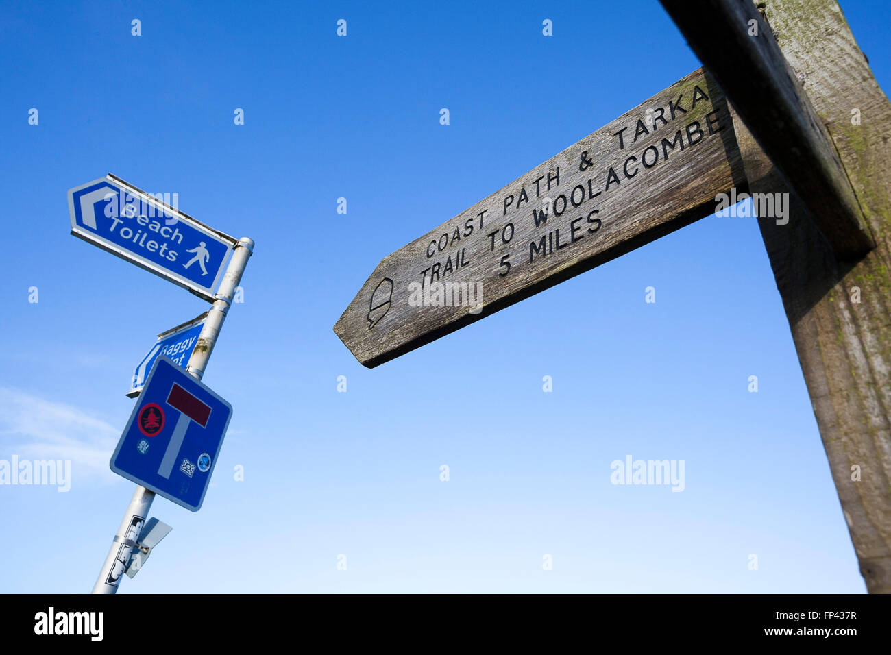 South West coastal path signs and Tarka Trail signs at Croyde, North ...