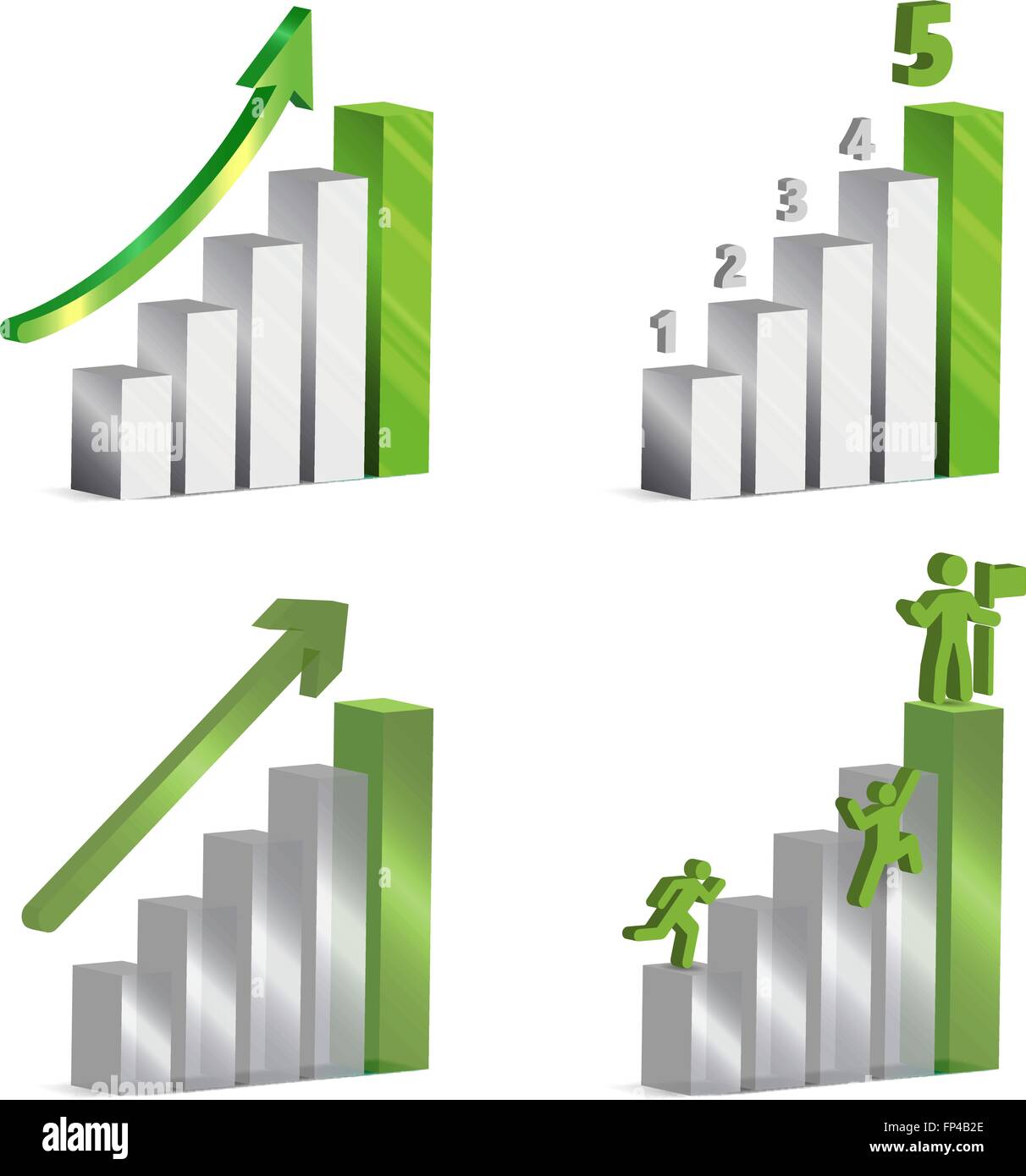 3d vector charts with grey and green metallic and glass bars, arrows ...