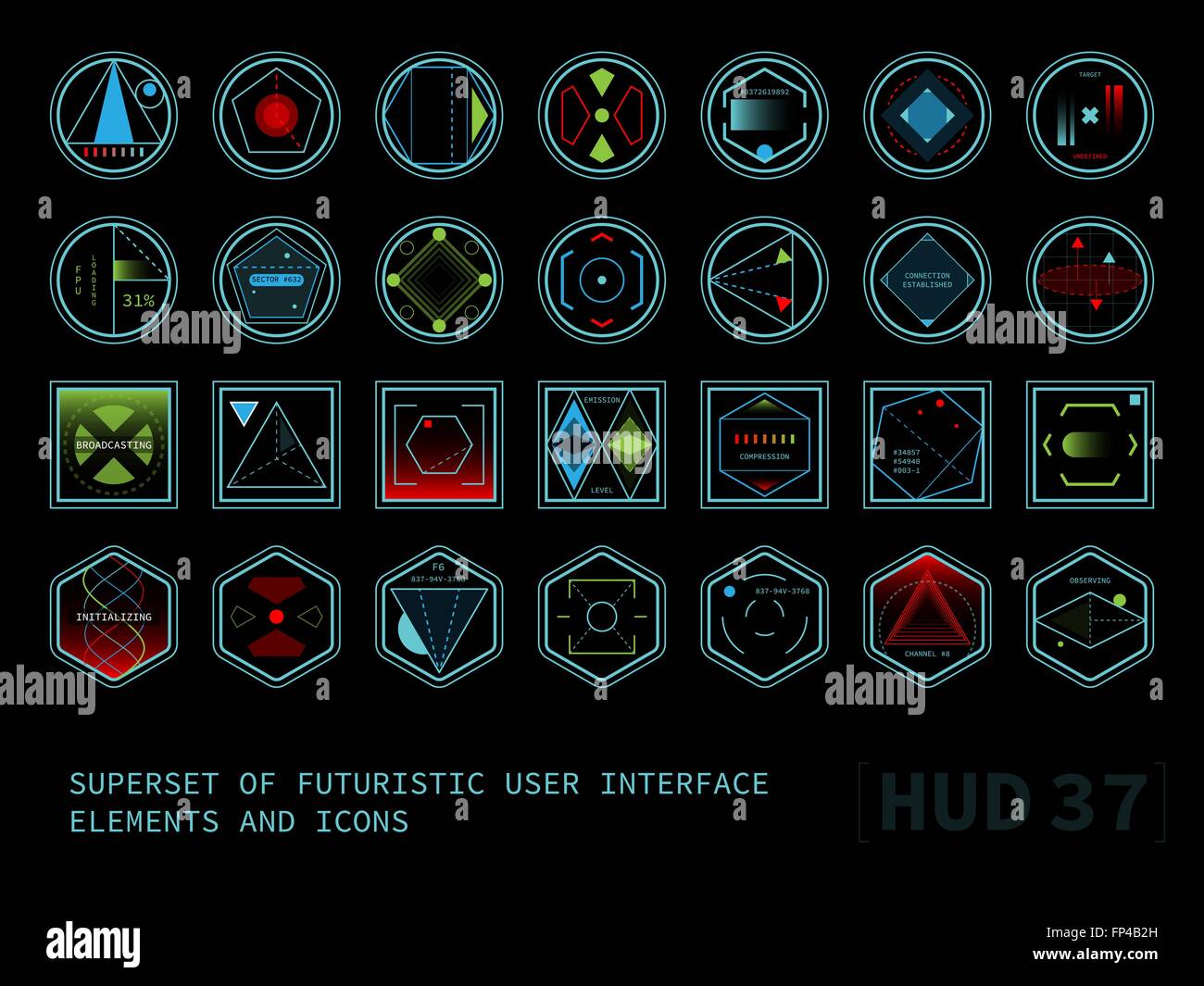 Set of conceptual futuristic display interface elements. Round, square ...