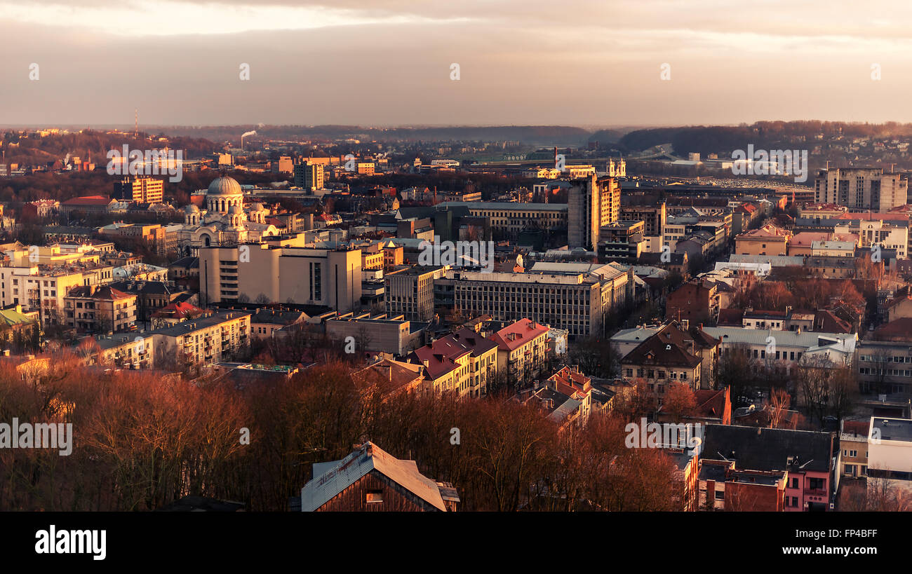 Kaunas, Lithuania: aerial view of central part in sunset Stock Photo ...