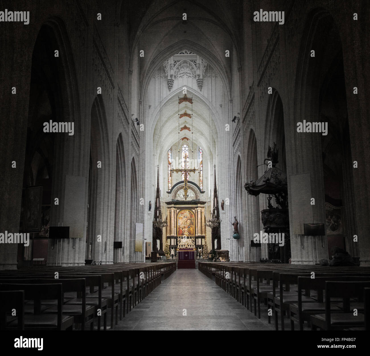Inside of a creepy old church - Vintage dirty look Stock Photo - Alamy