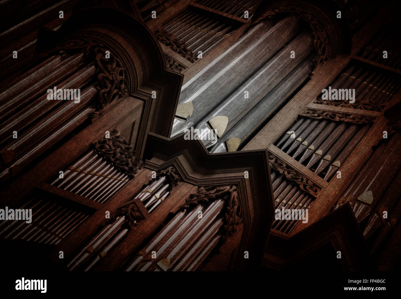 Creepy image of an old pipe organ in a church - Vintage, selective ...