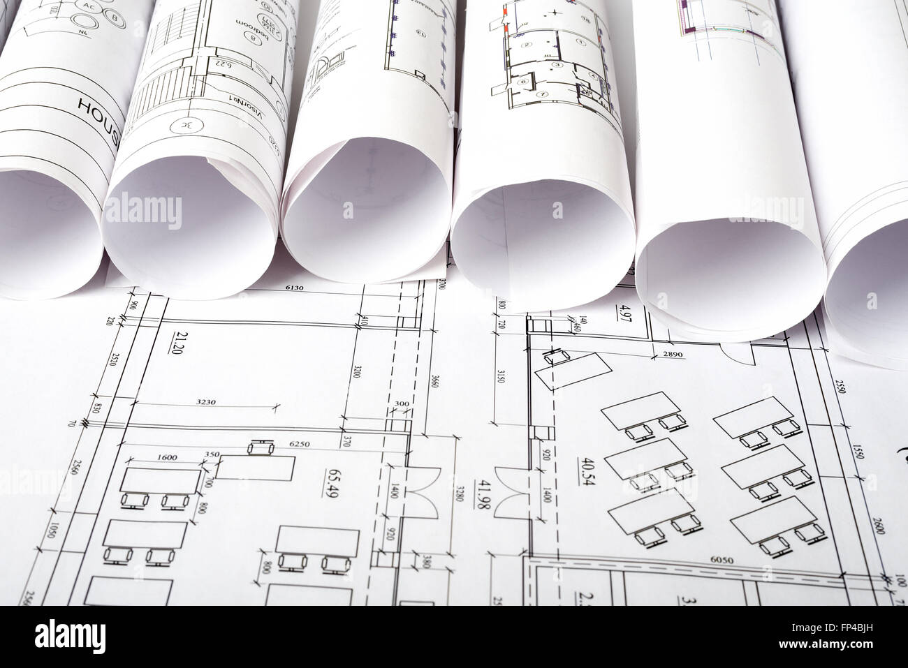 Architecture plan and rolls of blueprints. Building concept Stock Photo ...