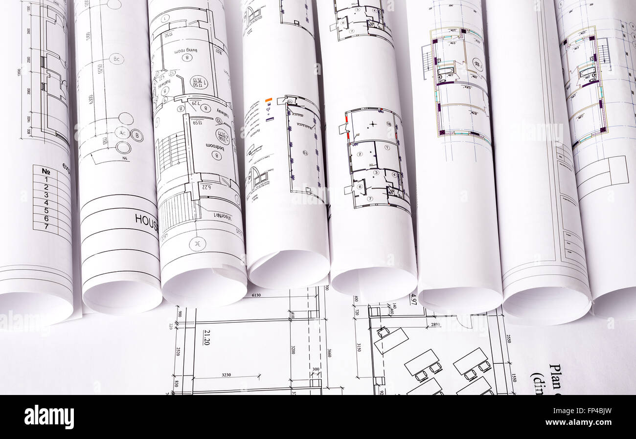 Architecture plan and rolls of blueprints, top view. Building concept ...