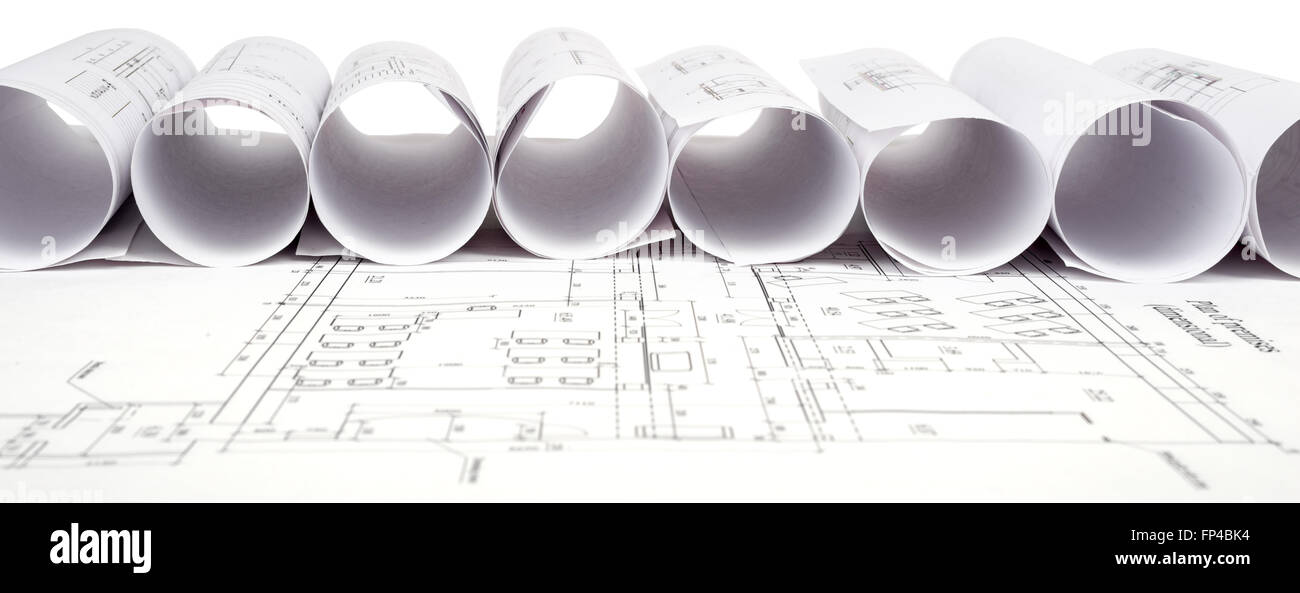 Architecture plan and rolls of blueprints, front view. Building concept ...