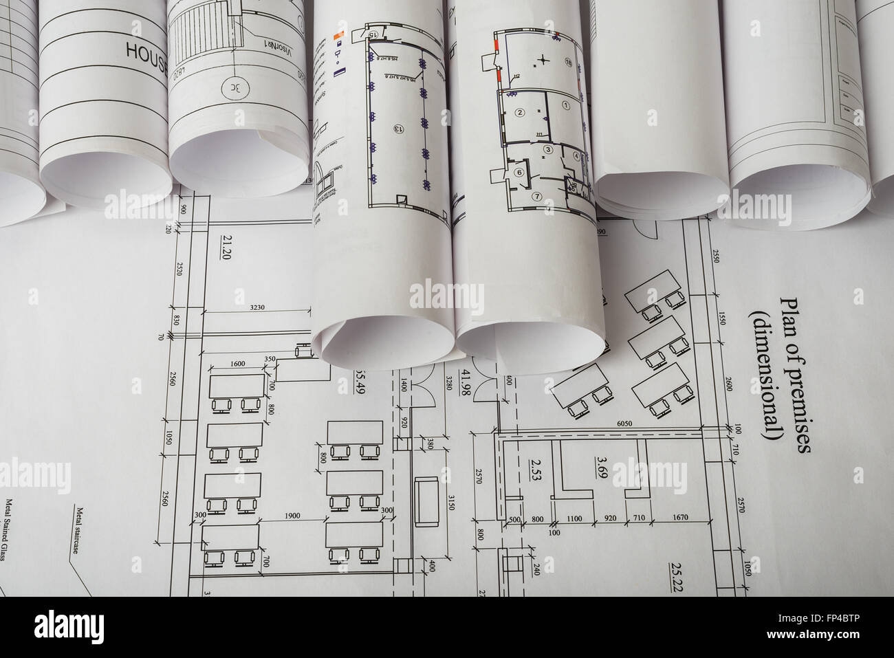 Rolls of blueprints, top view. Building concept Stock Photo - Alamy
