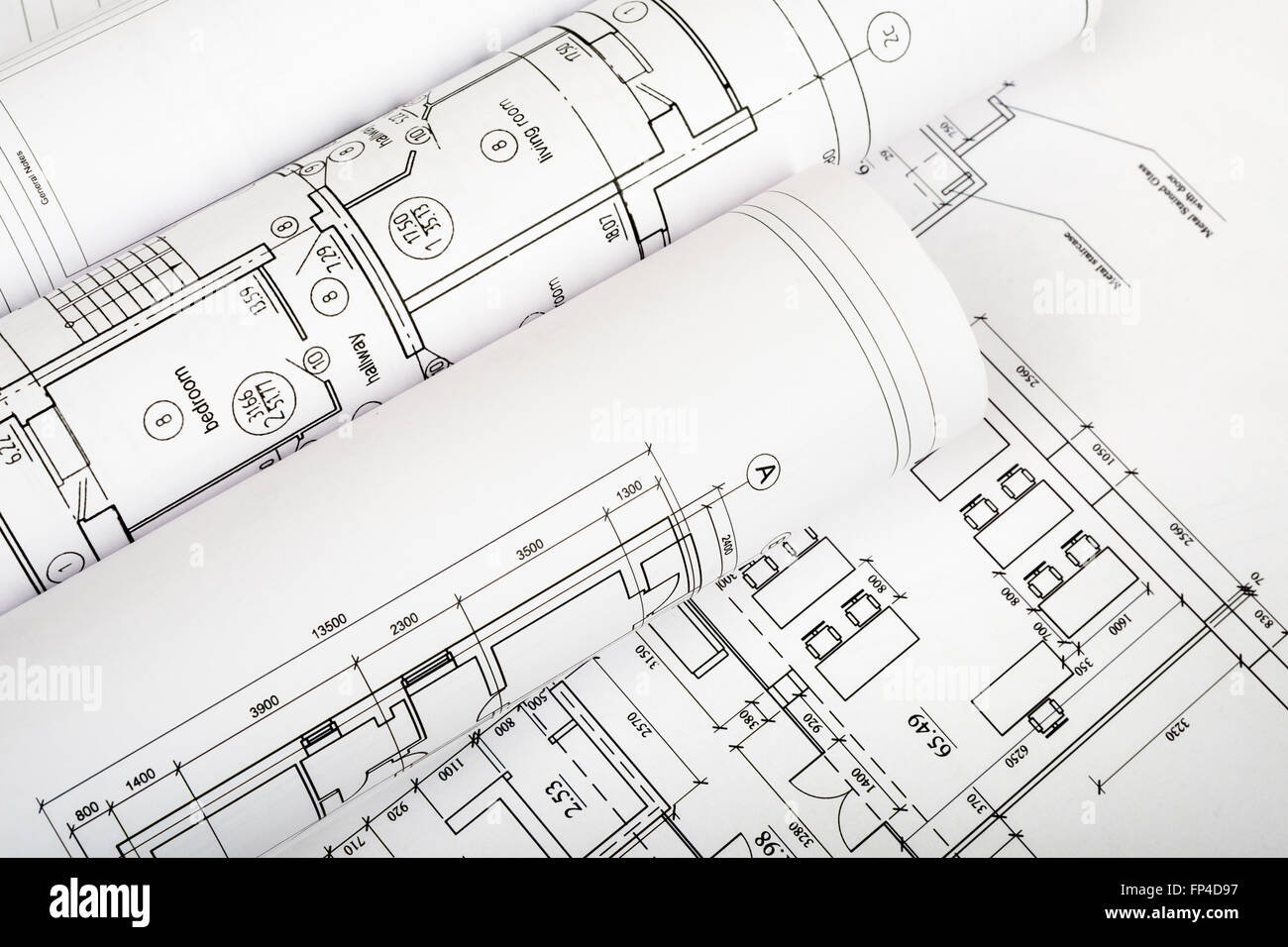 Rolls of blueprints, top view. Building concept Stock Photo - Alamy