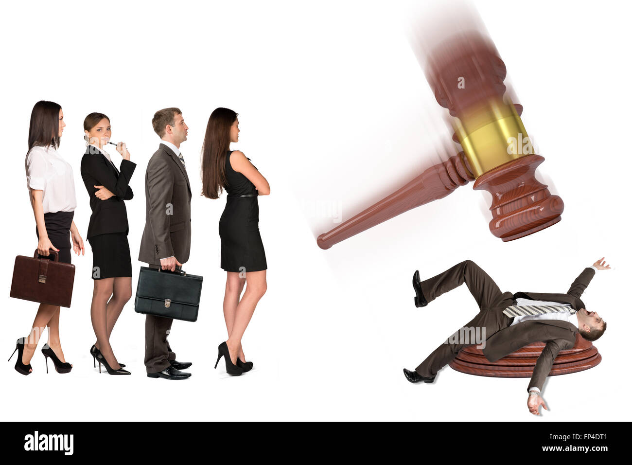 Inscribed gavel hitting scared businessman and crowd of waiting people ...