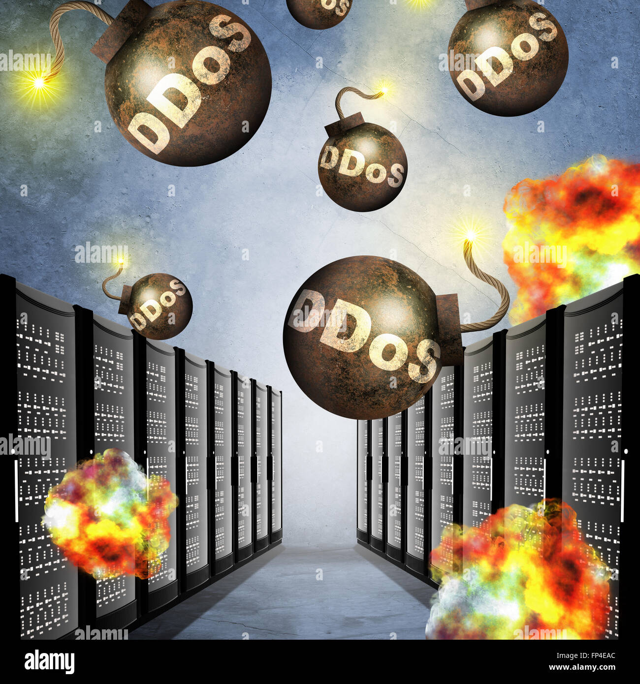 Bombs with fire falling on metal boxes, danger concept Stock Photo - Alamy