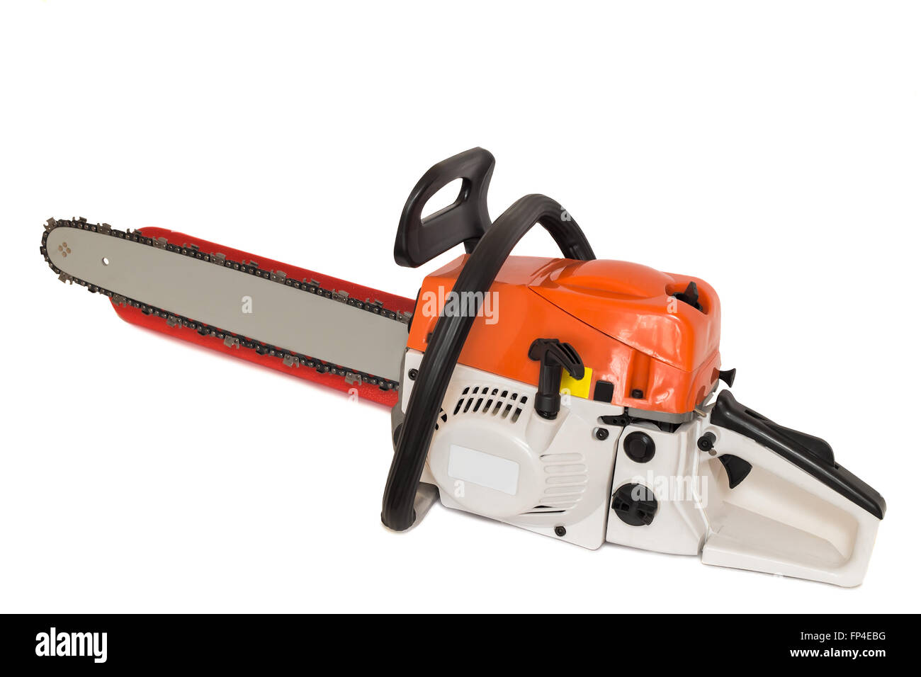 On a white background presents a modern chainsaw with ergonomic design ...