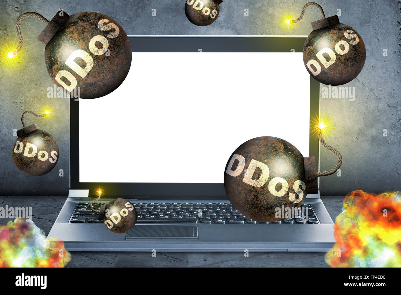 Bombs with fire falling on laptop, danger concept Stock Photo - Alamy