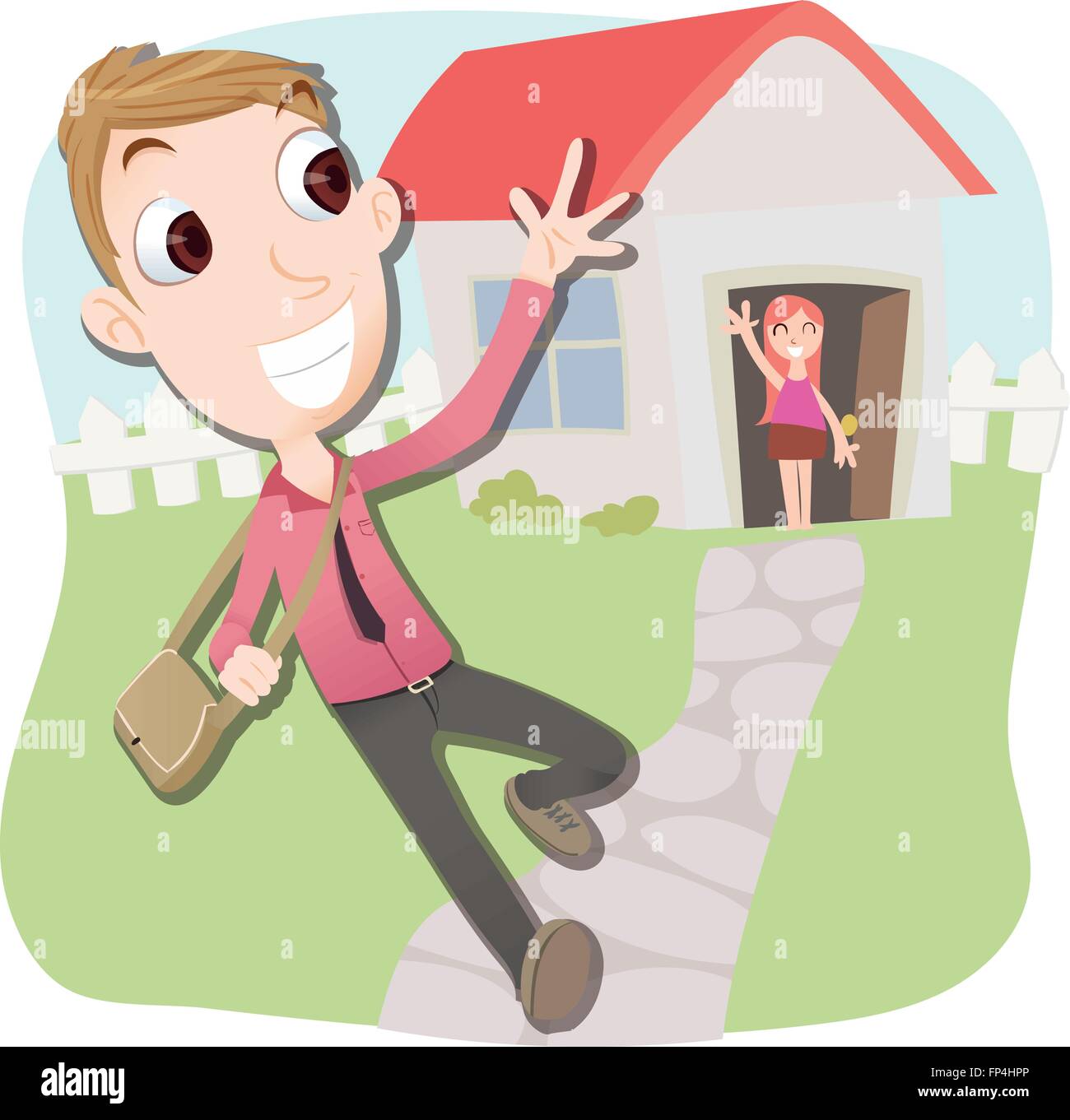 cartoon businessman running and waving to his wife Stock Vector Image ...