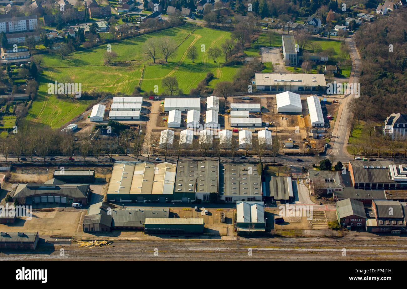 Aerial view, refugee shelters, asylum, refugee tents in the parking lot ...