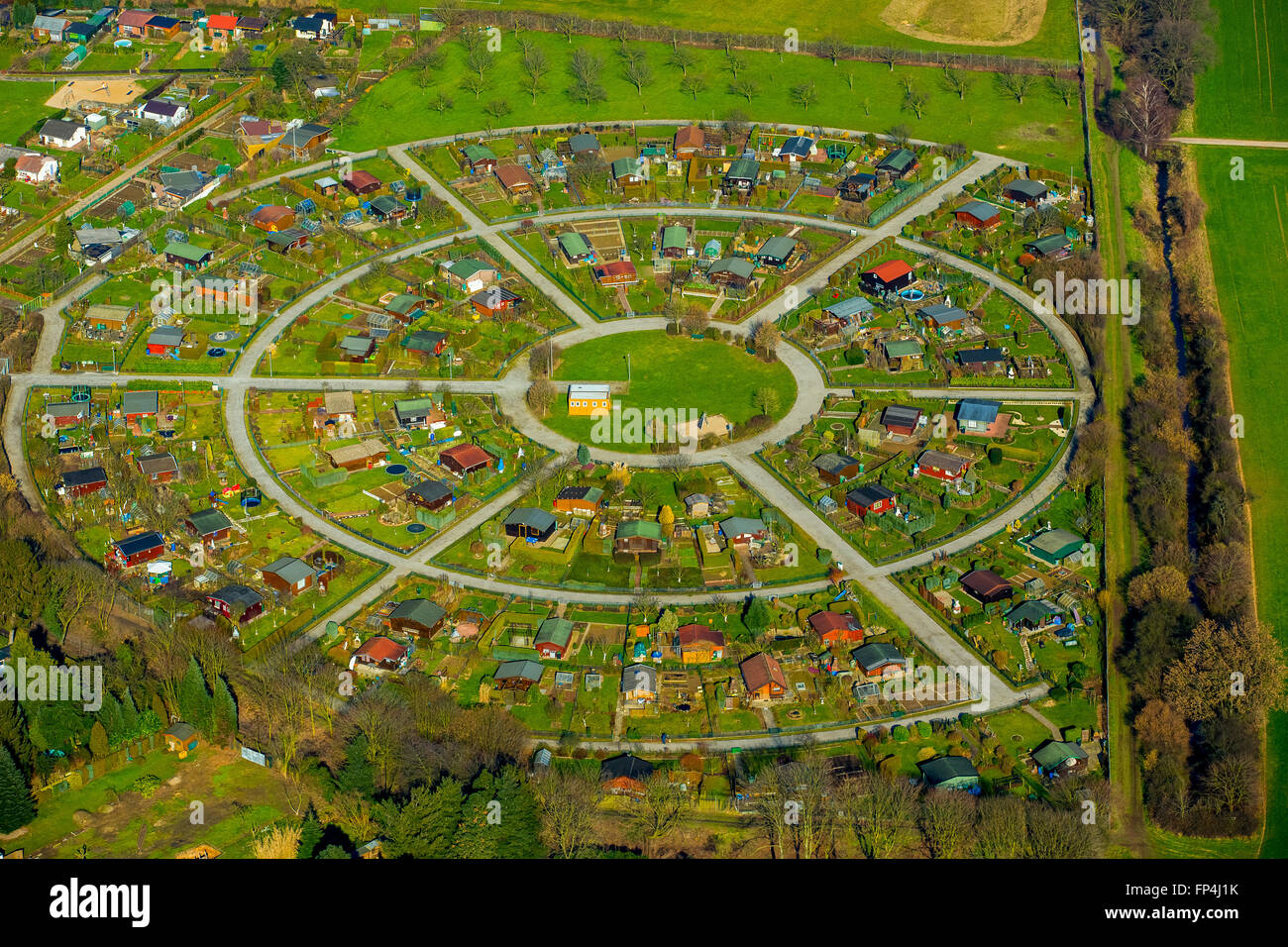 Aerial view, round allotment gardens Cäcilienstraße, allotments, garden ...