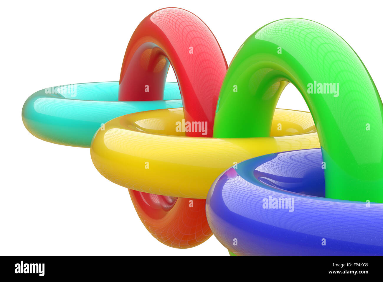 3d rendering of a chain of plastic rings of different colors. White ...