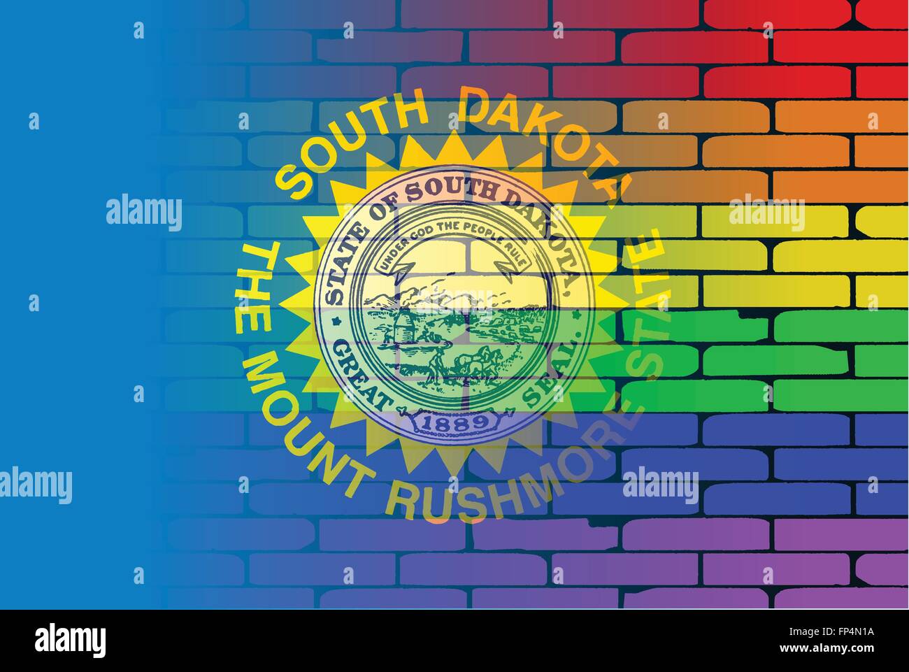 A well worn wall painted with a LGBT rainbow with the Iowa state flag ...