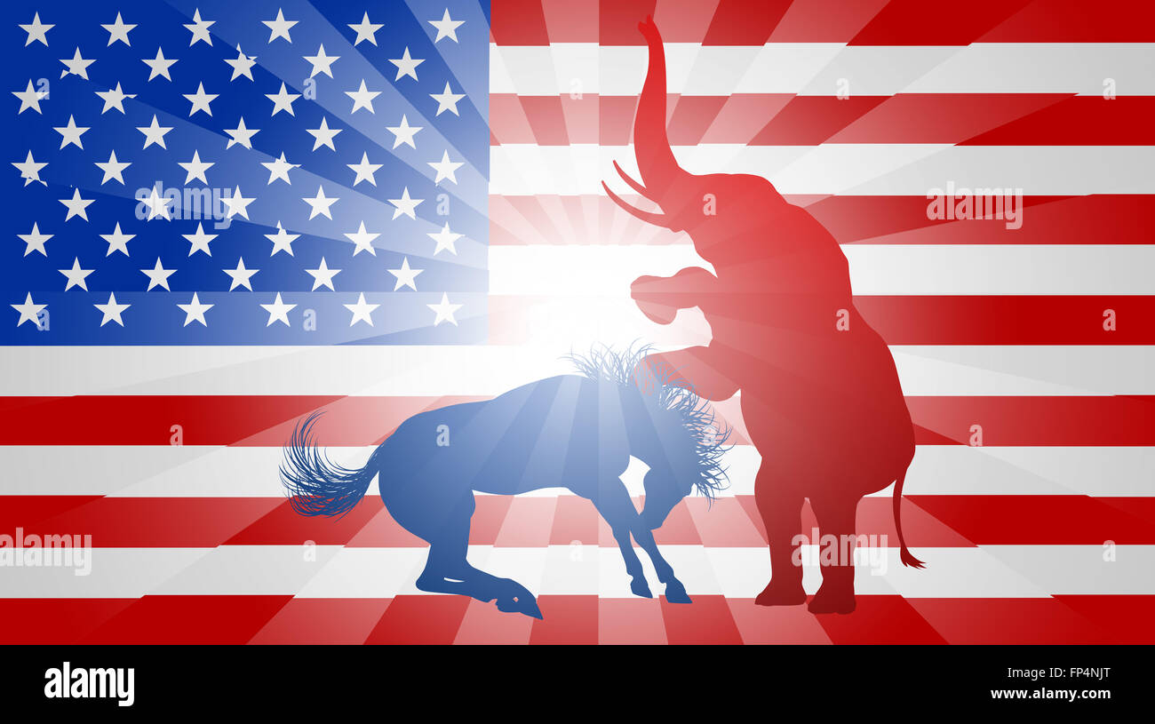 A donkey and elephant fighting in silhouette, with the elephant winning ...