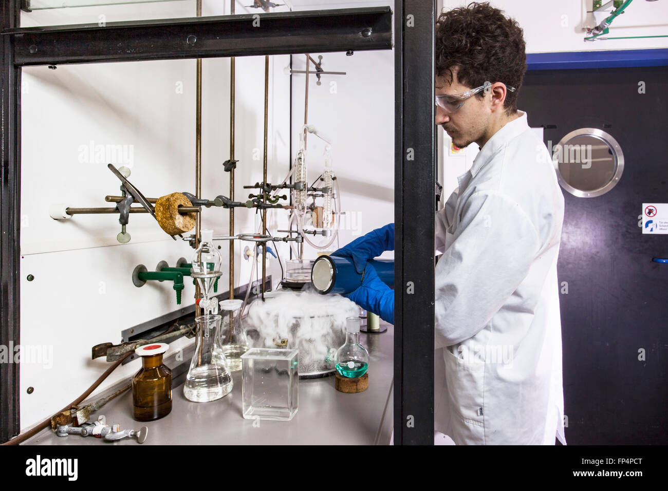 Experiment with liquid nitrogen in a laboratory, Heinrich-Heine ...
