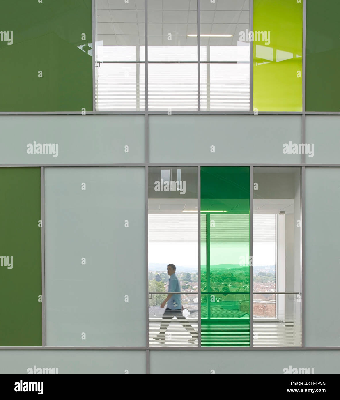 Multi-colored facade paneling. Southmead Hospital, Bristol, United ...