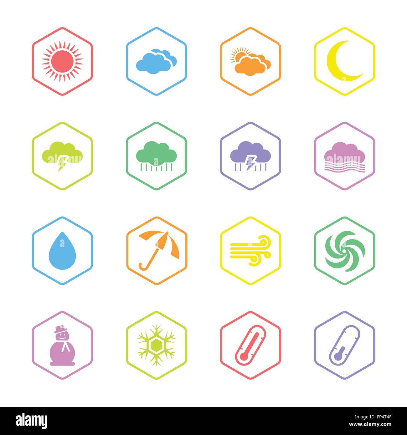 [JPEG] colorful flat weather icon set with hexagon frame for web, UI ...