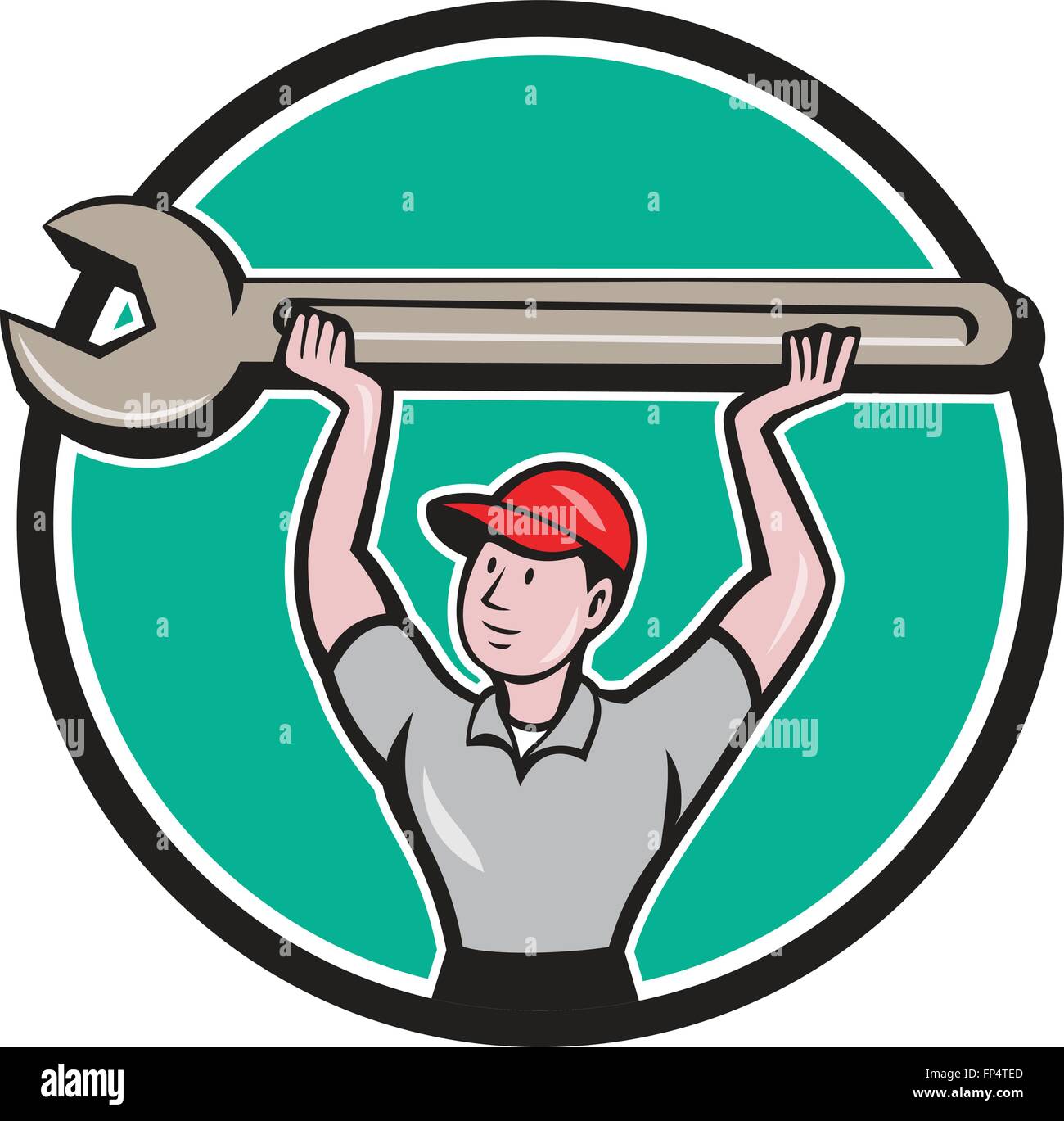 Illustration of a mechanic lifting giant wrench over head looking to ...