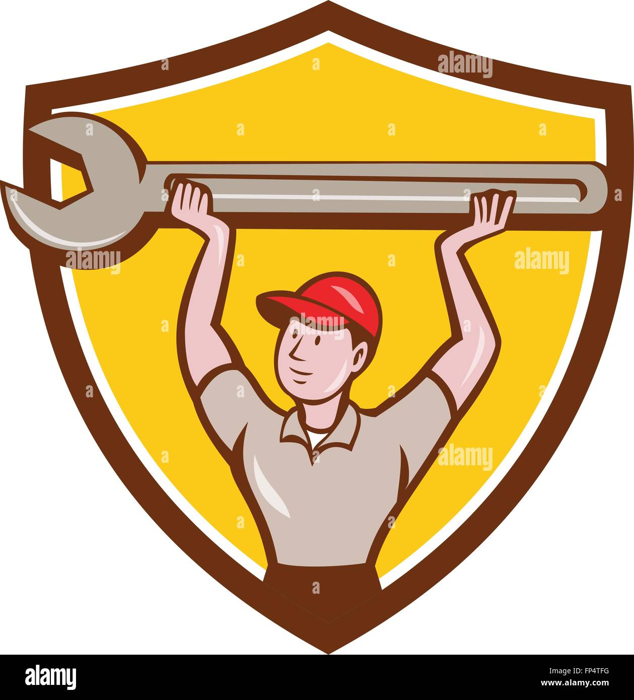 Illustration of a mechanic lifting giant wrench over head looking to ...