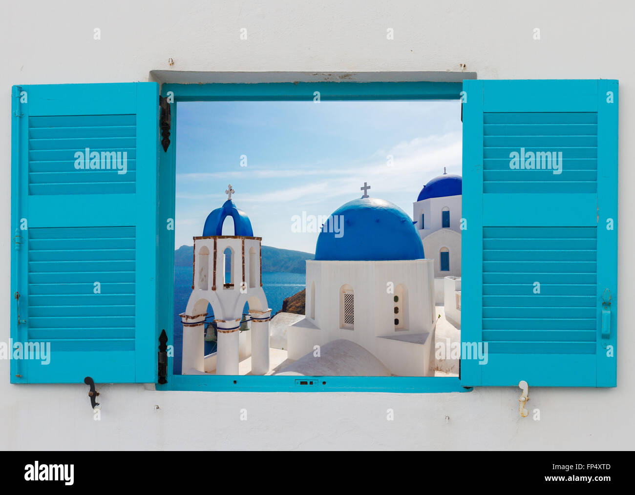 window with view of caldera and church, Santorini Stock Photo - Alamy