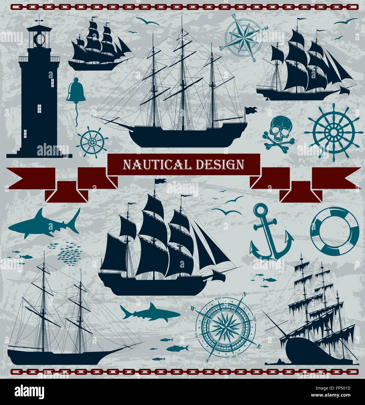 Set of sailing ships with nautical design elements Stock Vector Image ...