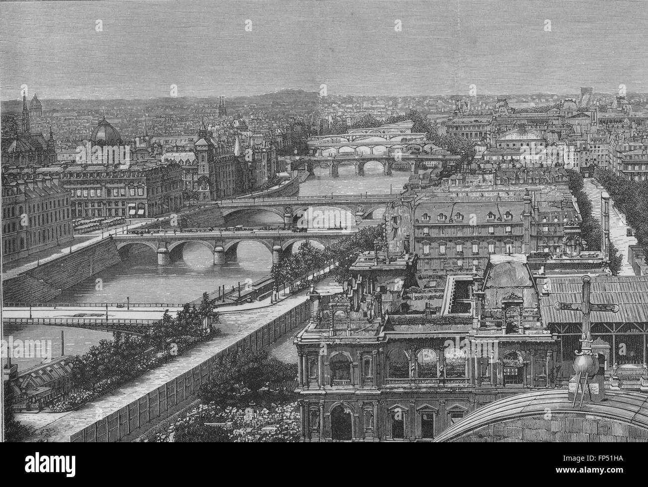 PARIS: View of Paris, showing the Seven Bridges, antique print 1882 ...