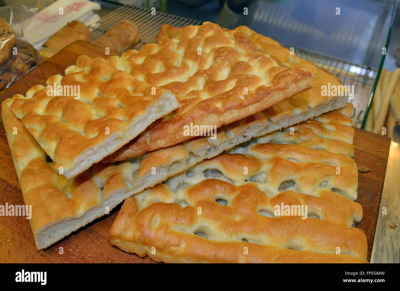 detail of focaccia with olive oil in Genoa in Liguria Stock Photo - Alamy