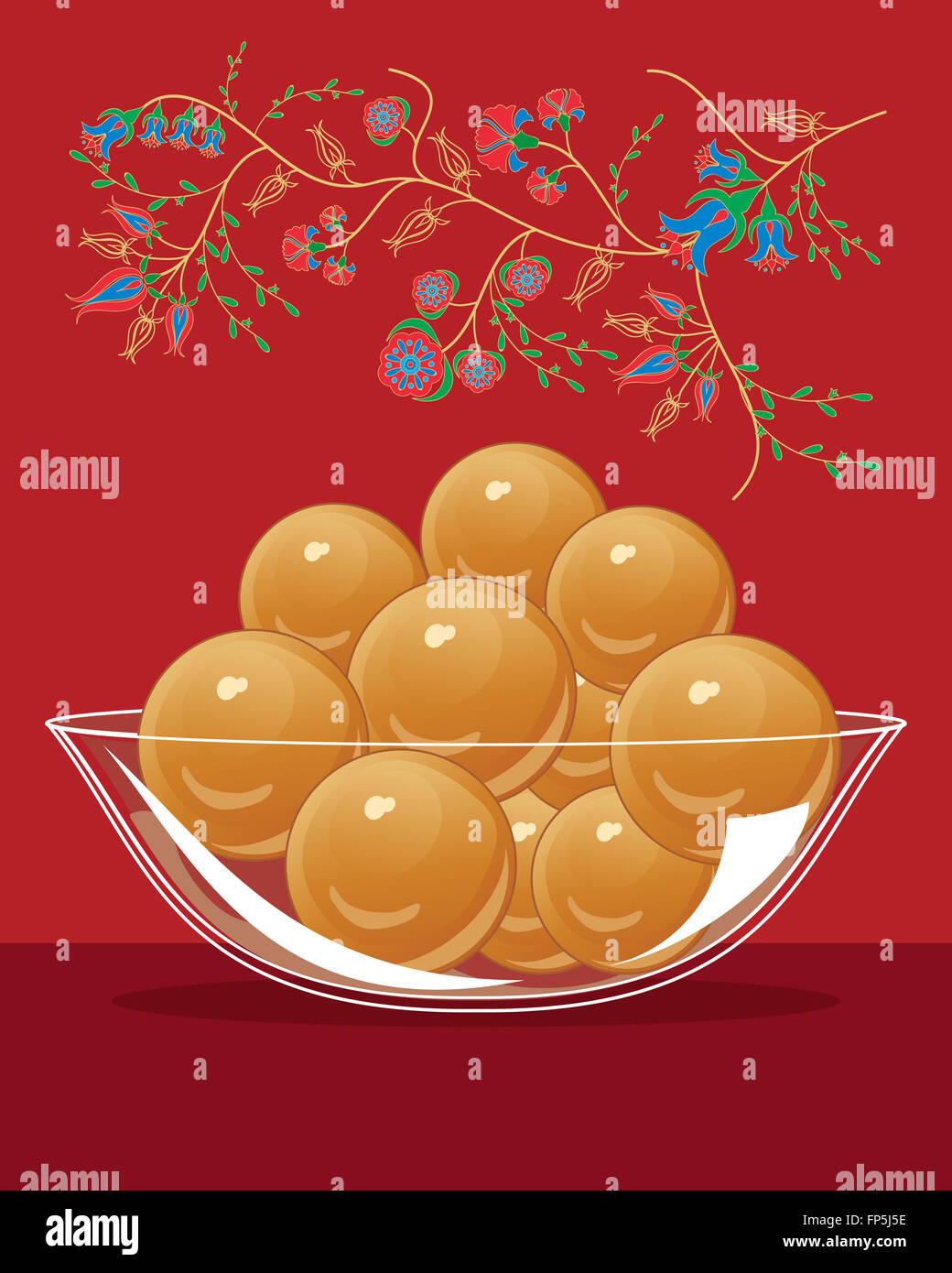 an illustration of a bowl of gulab jamun an Indian dessert on a red ...