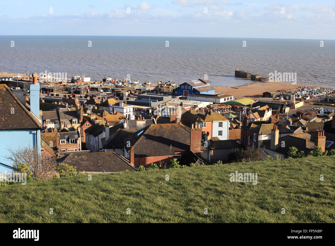 Hastings old town and harbour arm seen from the West Hill, East Sussex ...