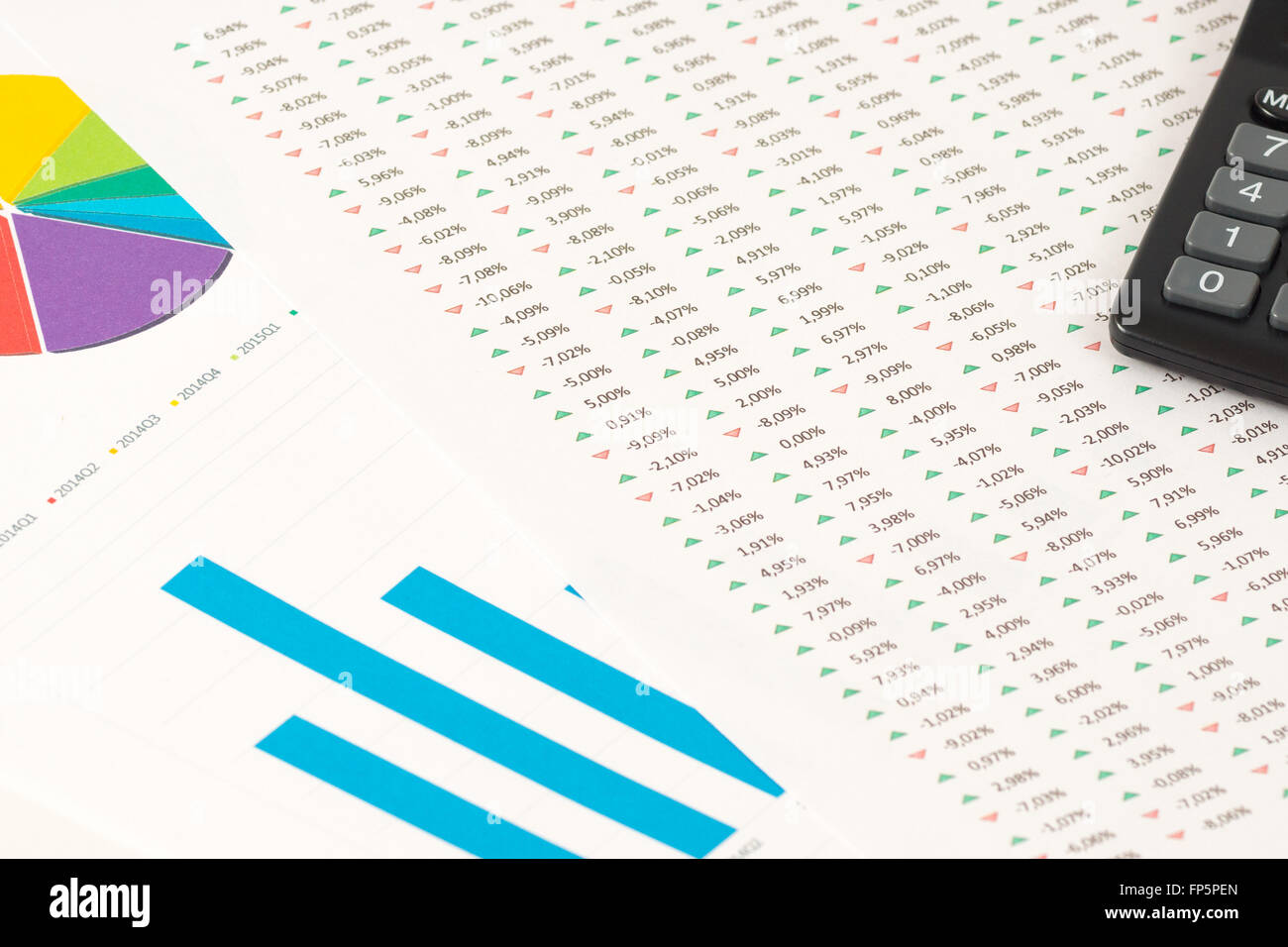 multi color pie chart and report with red and green arrows Stock Photo ...
