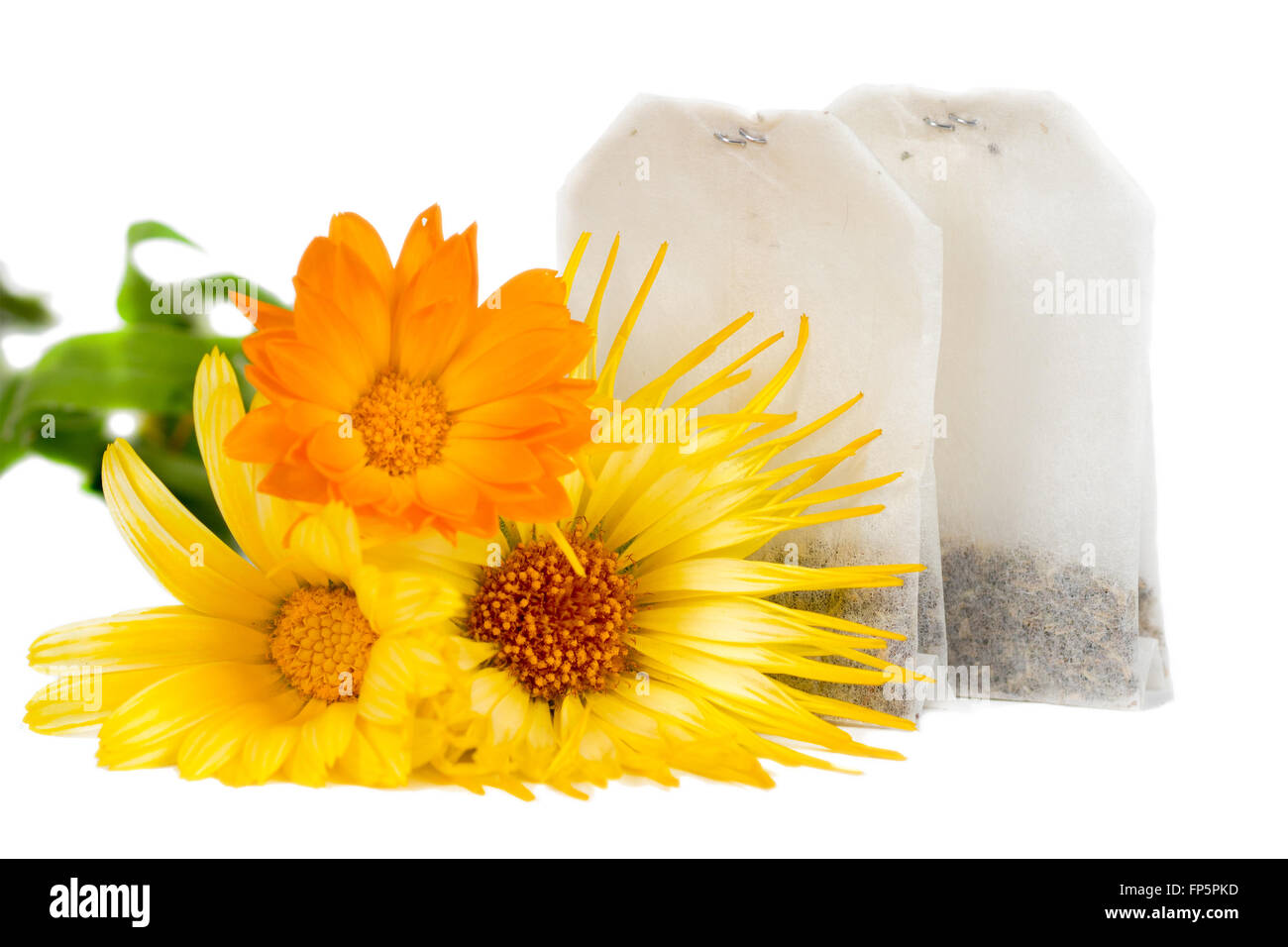 three tea bags with calendula Stock Photo - Alamy