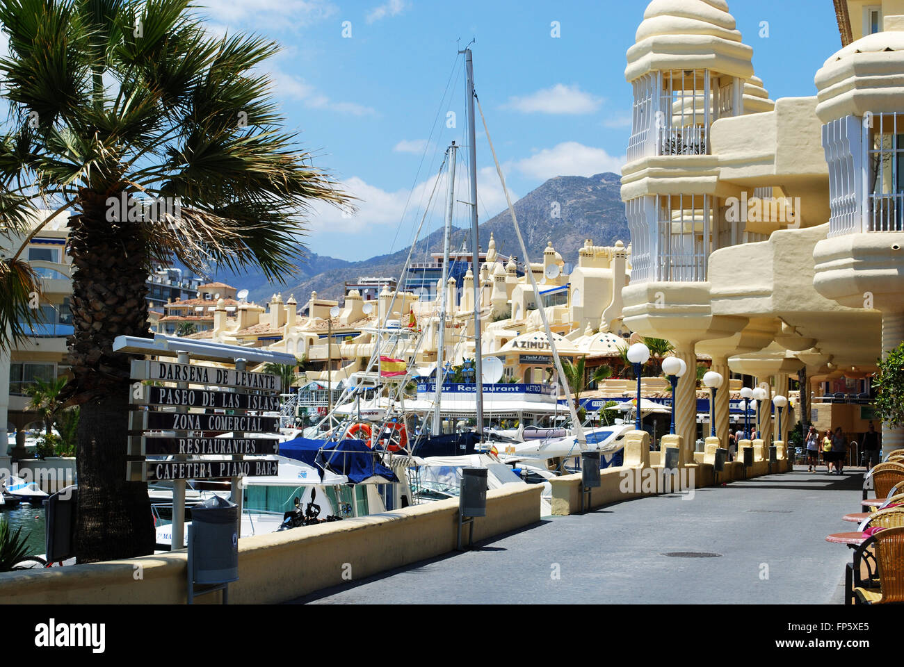 View of boats and waterfront in the marina area, Benalmadena, Costa del ...