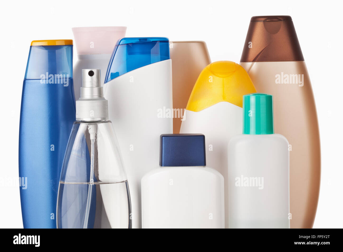 Set of colorful toiletries cosmetic plastic bottles Stock Photo - Alamy