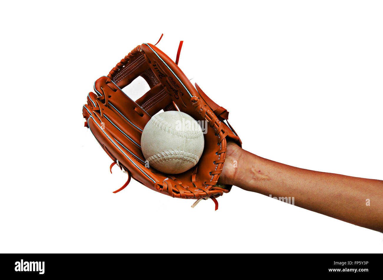 hand of children catching the ball with leather glove on white ...